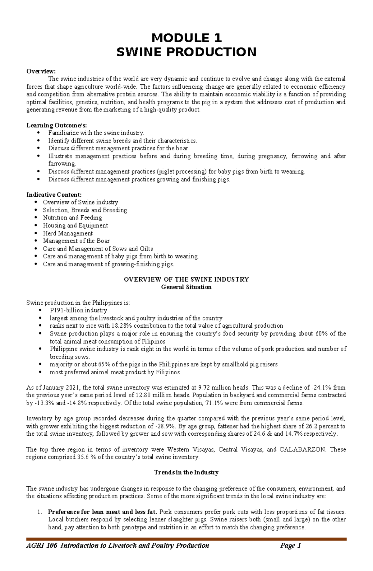 Module 1 Swine Production - MODULE 1 SWINE PRODUCTION Overview: The ...