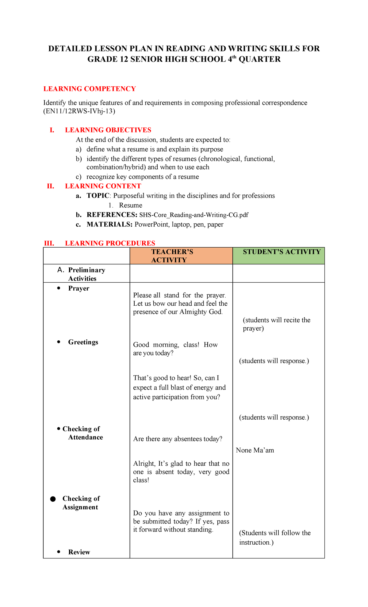 Detailed Lesson Plan: Reading & Writing Skills - Grade 12 SHS (4th Qtr ...