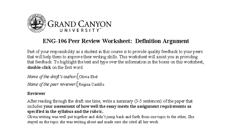 Peer Review Assignment for the Definition Argument Essay - ENG-106 Peer ...