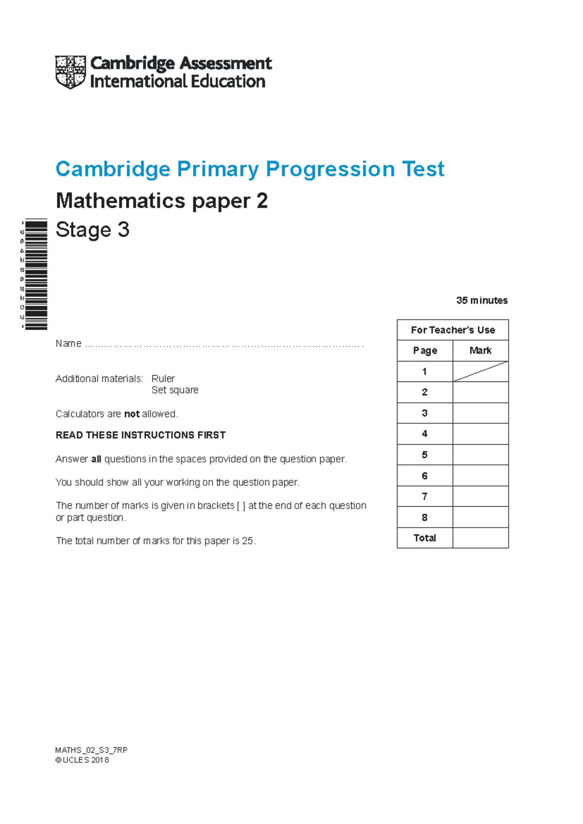 2018 Cambridge Primary Progression Test Maths Stage 3 QP Paper 2 tcm142 ...