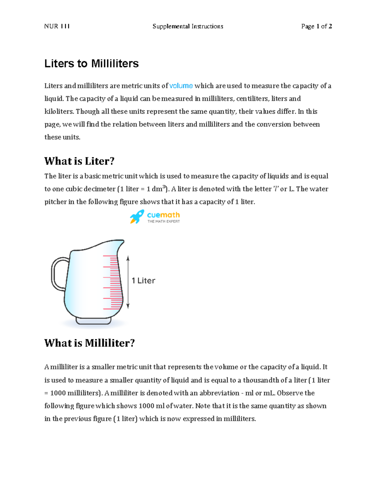 NUR Supplemental Instructions: Liquid Conversions (L to mL) - Studocu