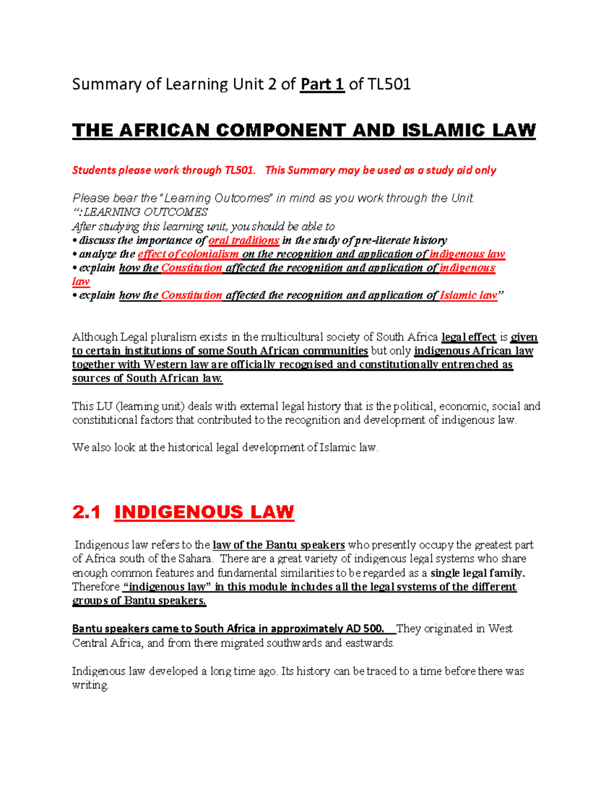 HFL1501 Summary of Learning Unit 2: Indigenous & Islamic Law - Studocu