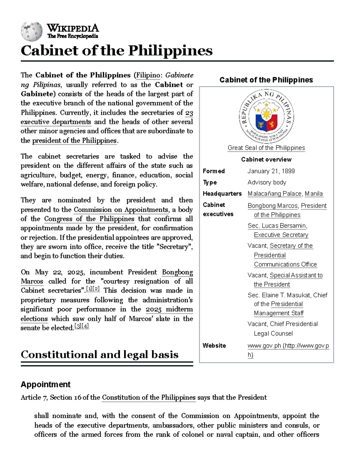 2025 Cabinet of the Philippines Overview and Structure - Studocu