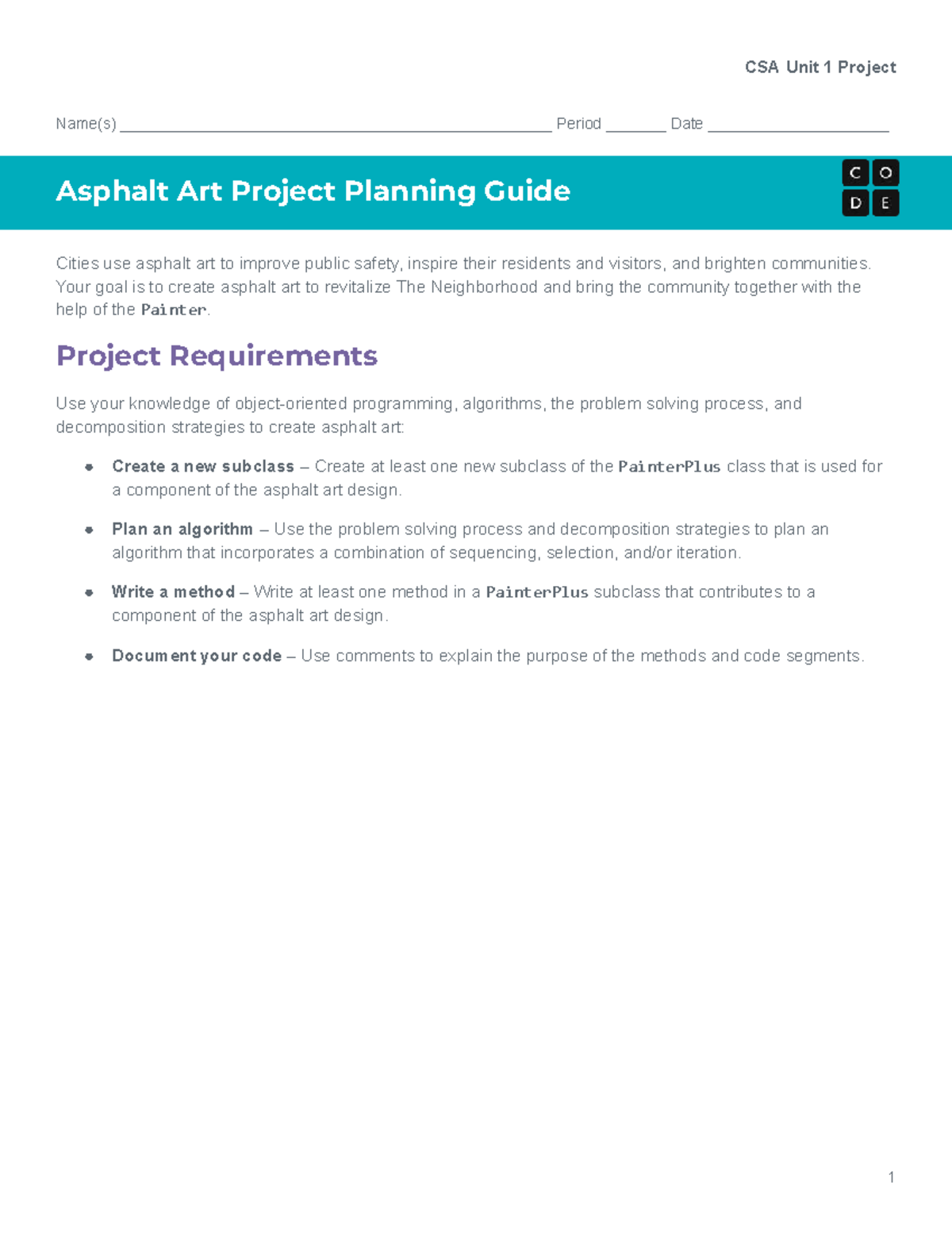 CSA Unit 1 Asphalt Art Project Planning Guide - Studocu