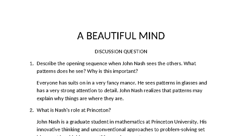 A BEAUTIFUL MIND Discussion Questions Analysis (ENG 101) - Studocu