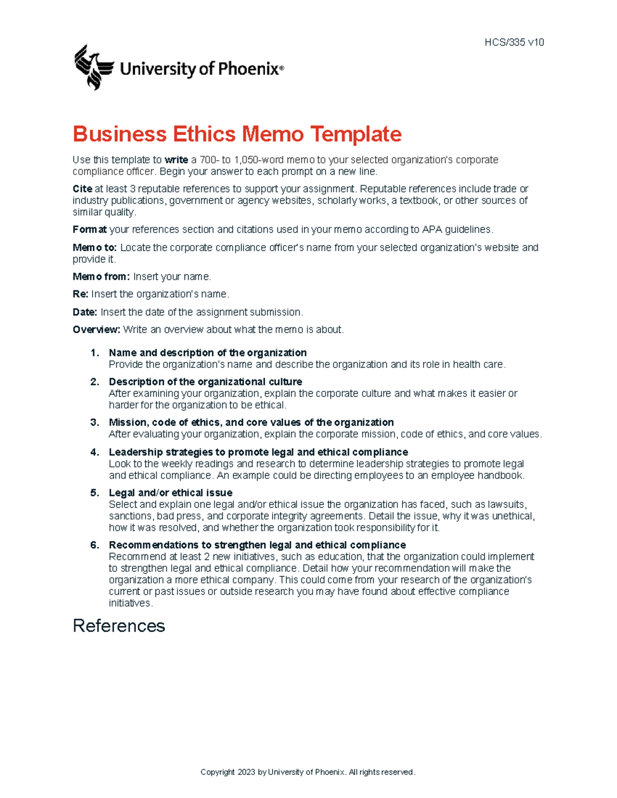 HCS/335 v10 Wk3 Business Ethics Memo Writing Template - Studocu
