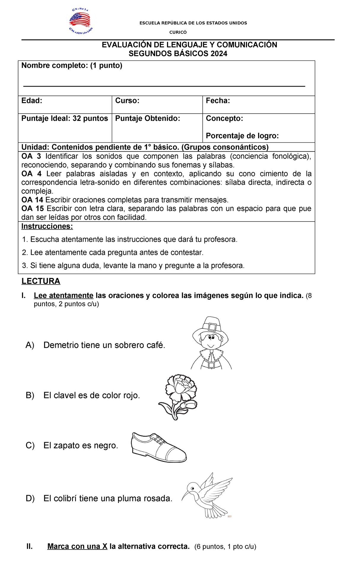 Evaluación de Grupos Consonánticos - CUR 2° Básico 2024 - Studocu