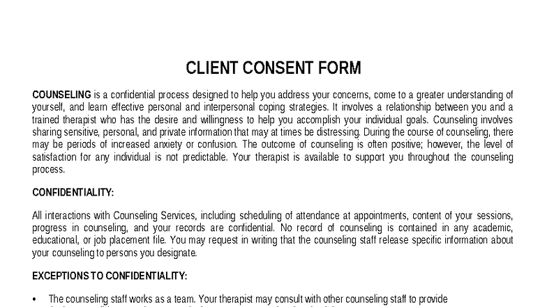CLIENT CONSENT FORM FOR COUNSELING SERVICES - Studocu