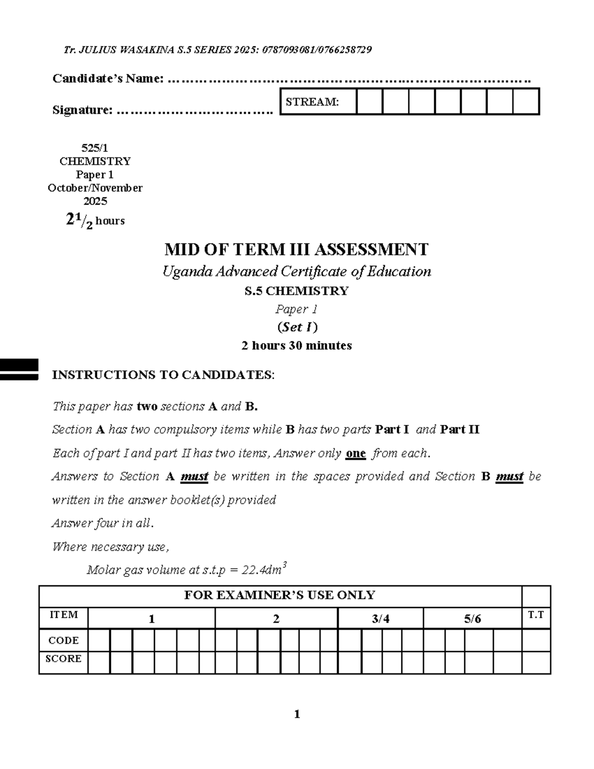 S.5 CHEMISTRY Mid Term III Sample Paper 1 - 2025 - Studocu