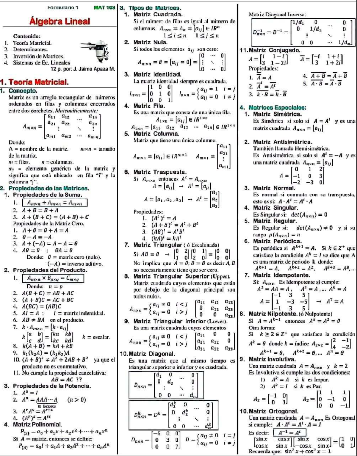 Formulario MAT 103: Tipos de Matrices y Propiedades en Álgebra Lineal ...