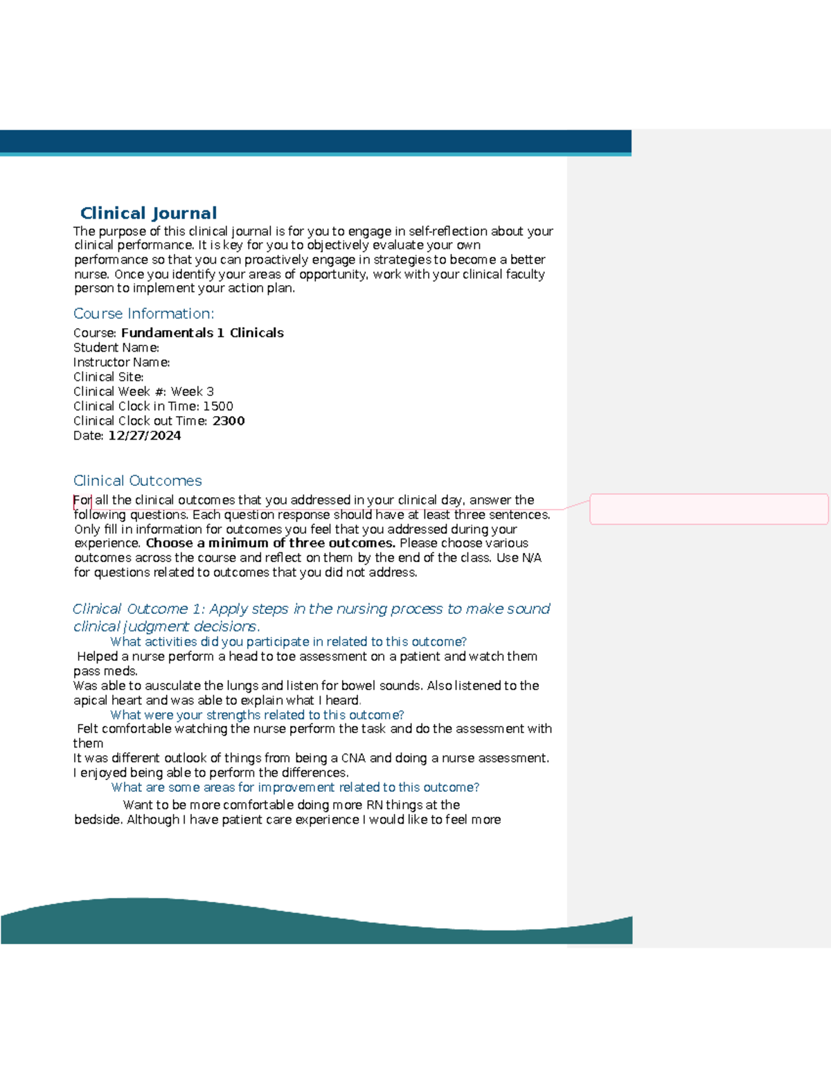 Fundamentals I-Clinical Journal-1 - Clinical Journal The purpose of ...