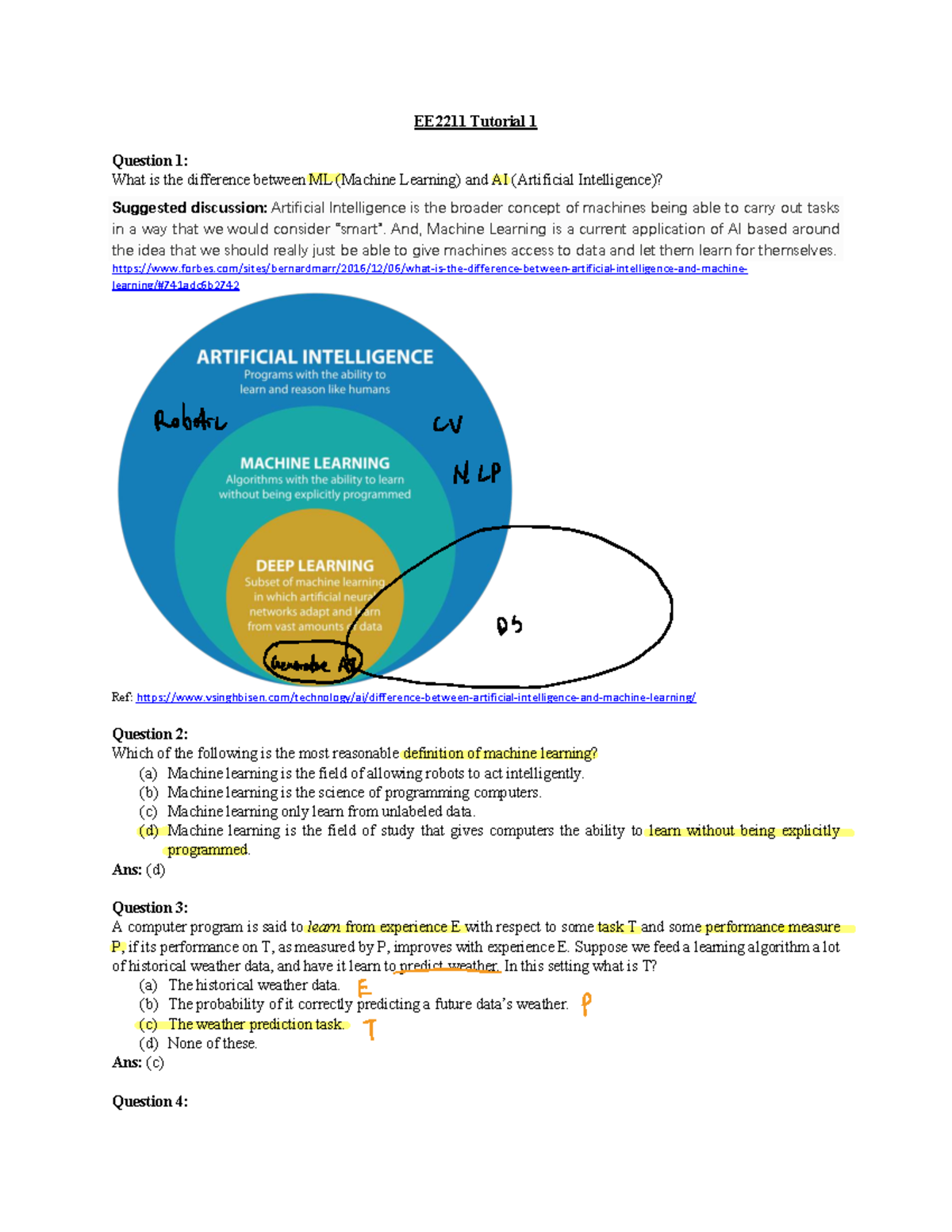 EE2211 Tutorial 1: Understanding ML vs AI and Key Concepts - Studocu