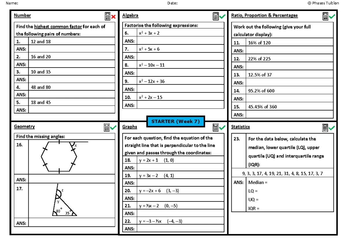 Worksheet Starter Week 2 - GCSE Maths - Phases Tuition - Studocu