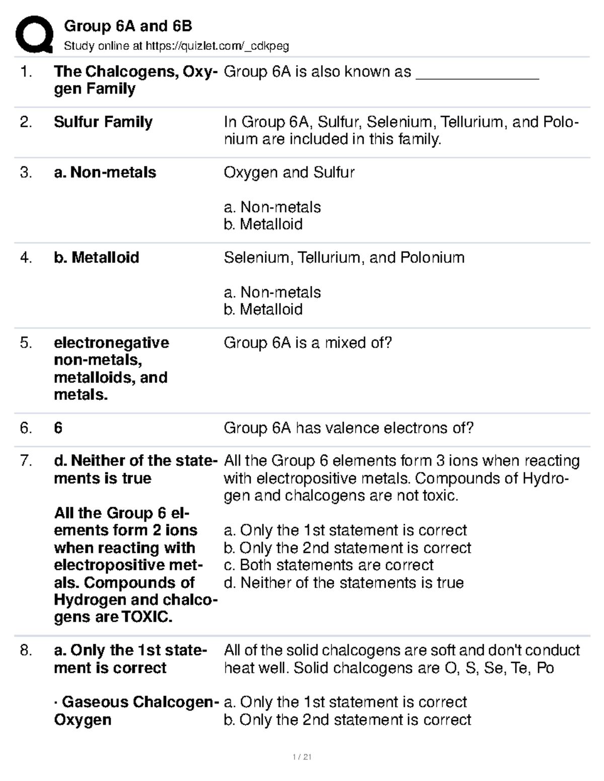 Study Notes on Chalcogens (Group 6A) - Chemistry 101 - Studocu