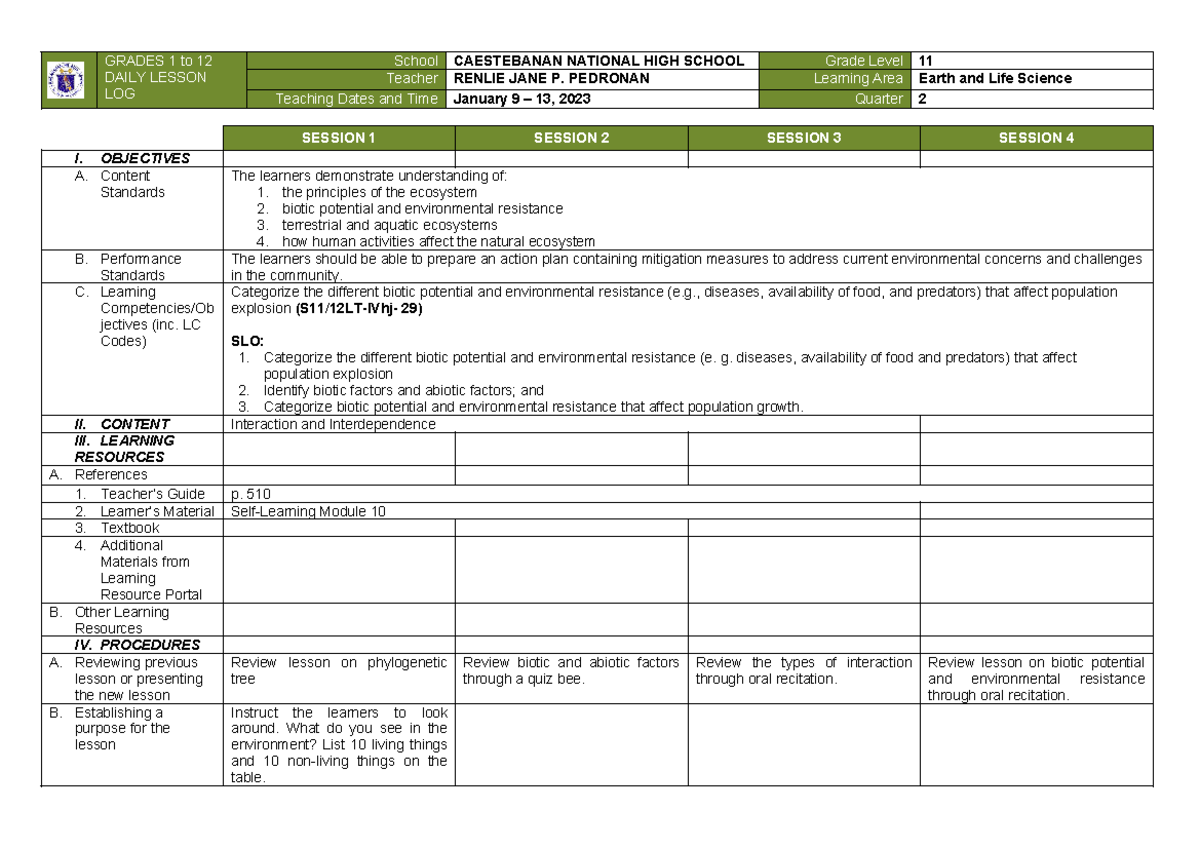 ELS W8 - ..... - GRADES 1 to 12 DAILY LESSON LOG School CAESTEBANAN ...