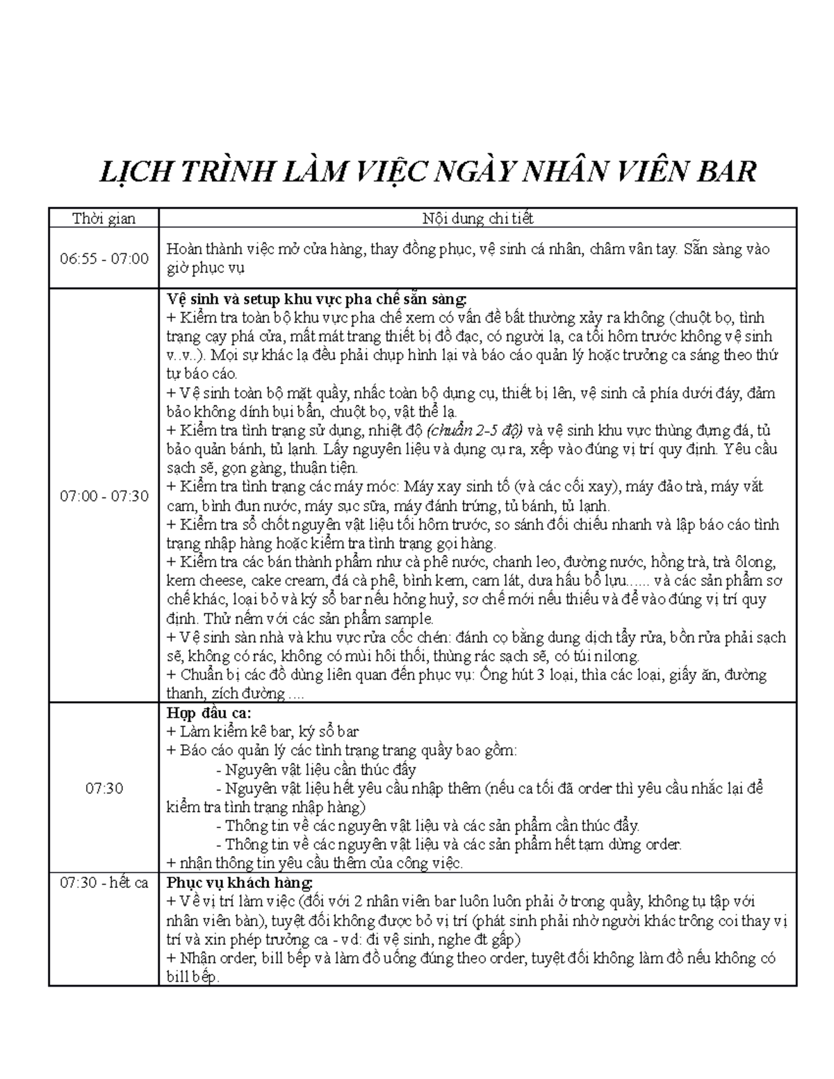 Quy trình làm việc nhân viên Bar - LỊCH TRÌNH LÀM VIỆC NGÀY NHÂN VIÊN ...