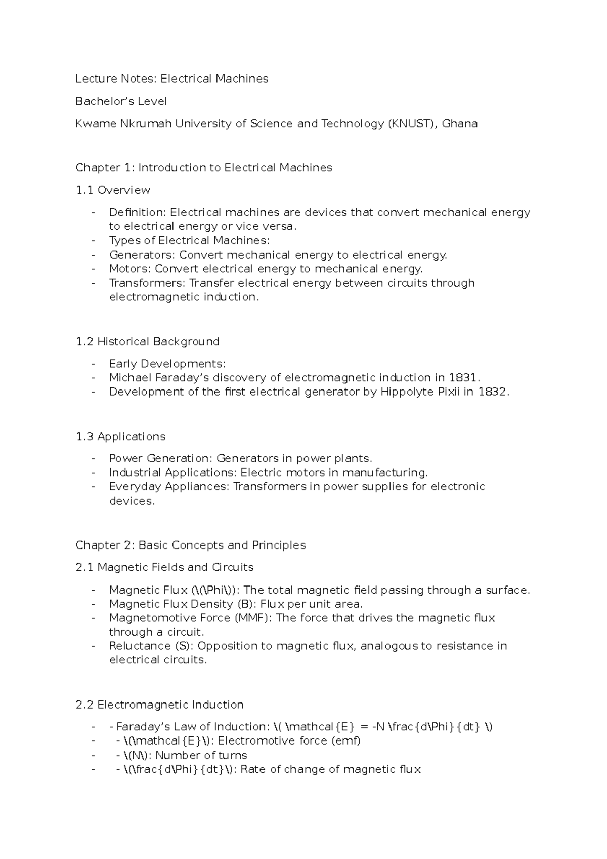 KNUST Lecture Notes: Fundamentals of Electrical Machines - Studocu