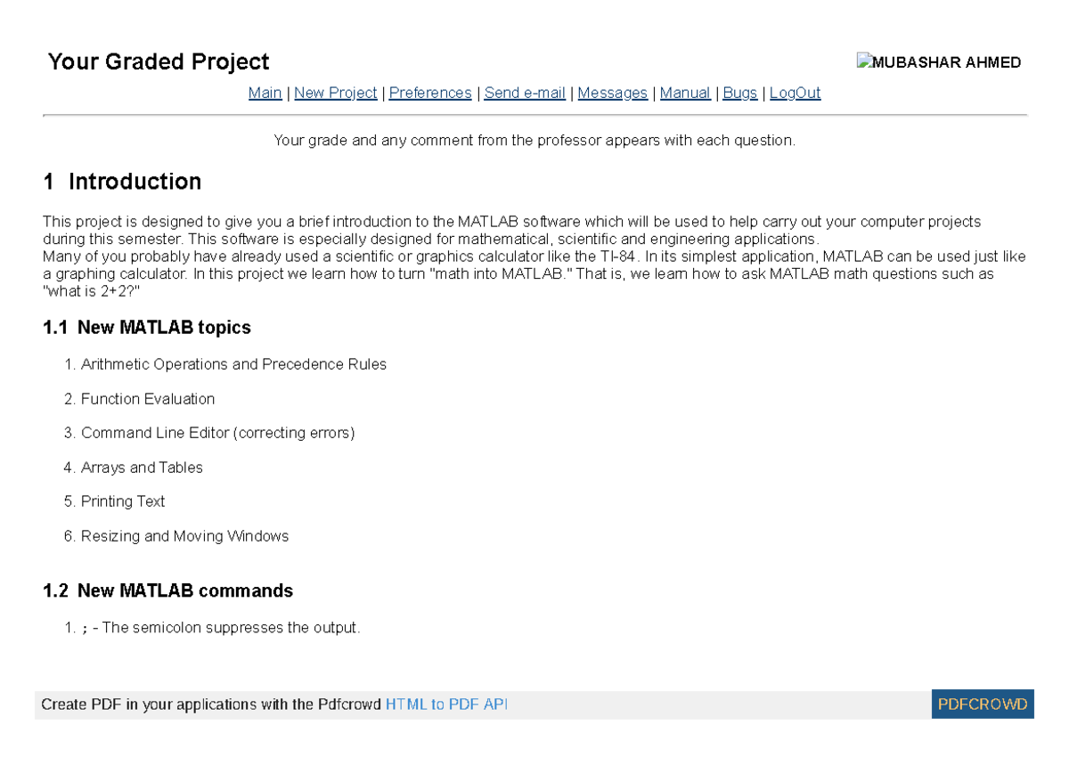 Matlab project 1 - Your Graded Project MUBASHAR AHMED Main | New ...