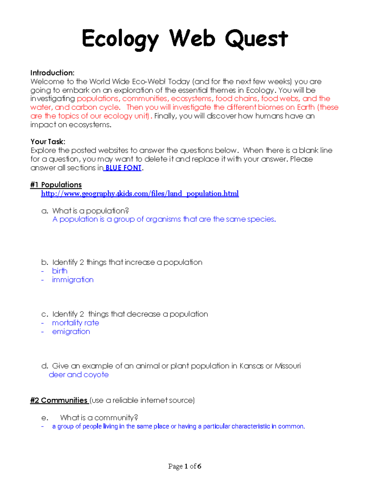 Ecology Webquest 2023: Exploring Key Concepts and Biomes - Studocu