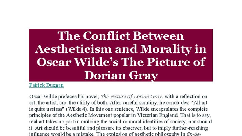 The Conflict of Aestheticism and Morality in Wilde's Dorian Gray - Studocu