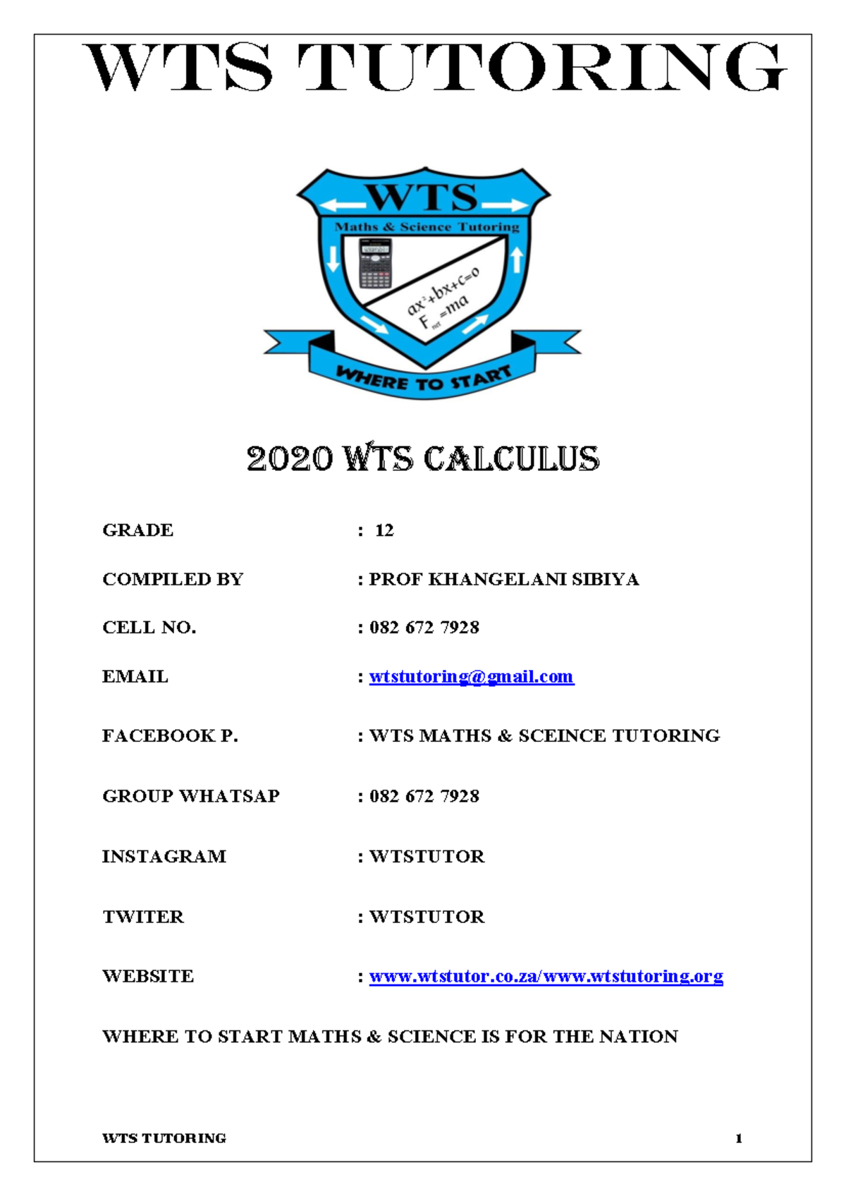 Grade 12 WTS 2020 Calculus Final Exam Practice Material - Studocu
