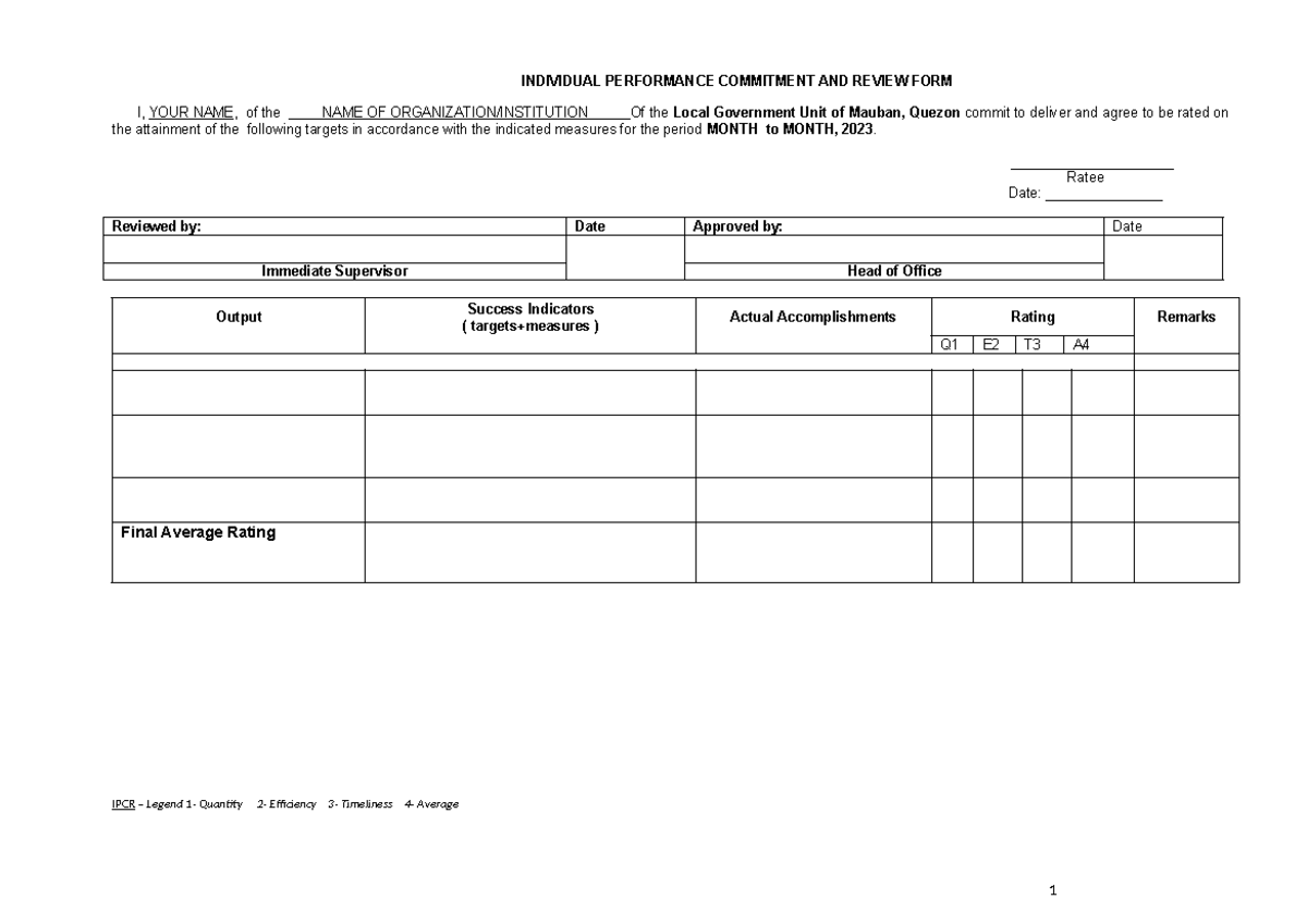IPCR-Individual Performance Commitment & Review Form 2023 - Studocu