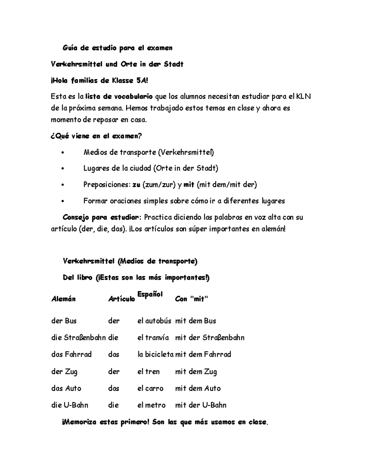 📚 Guía de estudio para el examen KLN de Klasse 5A - Studocu