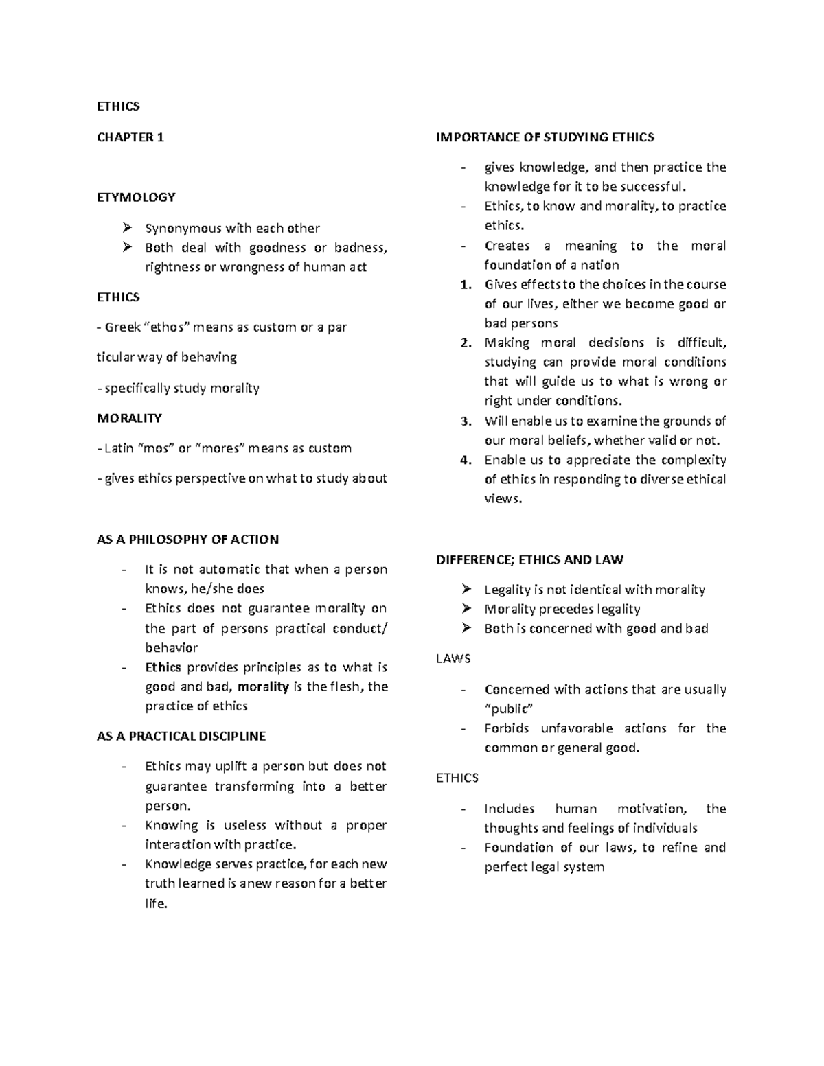 Ethics - Lesson 1 to 3 Lecture Summary - ETHICS CHAPTER 1 ETYMOLOGY ...