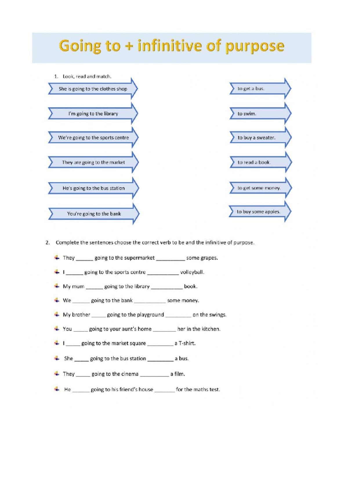 Worksheet 231421 - Going to Infinitive of Purpose Activities - Studocu