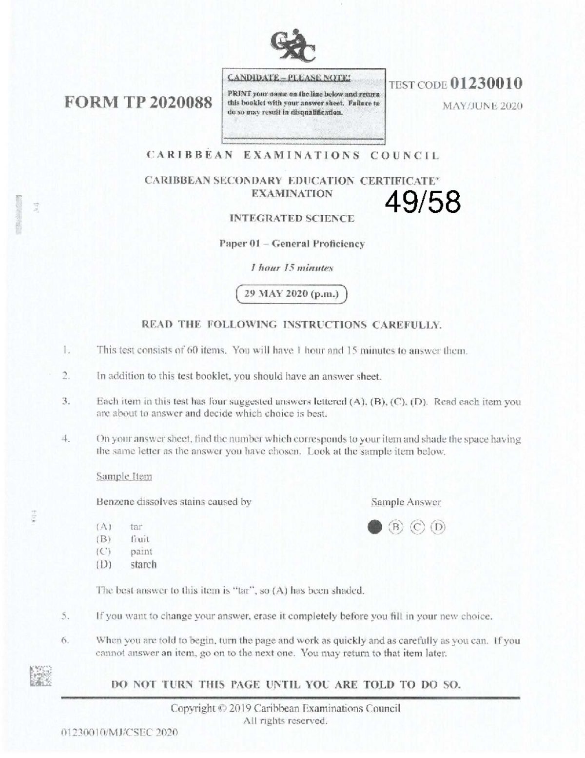 CSEC Integrated Science Paper 01 2020 MJ Exam Preparation Guide - Studocu