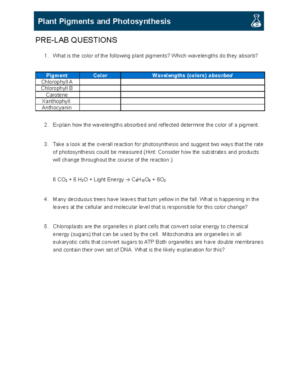 IB 1201 L13 Photosynthesis - PRE-LAB QUESTIONS What is the color of the ...