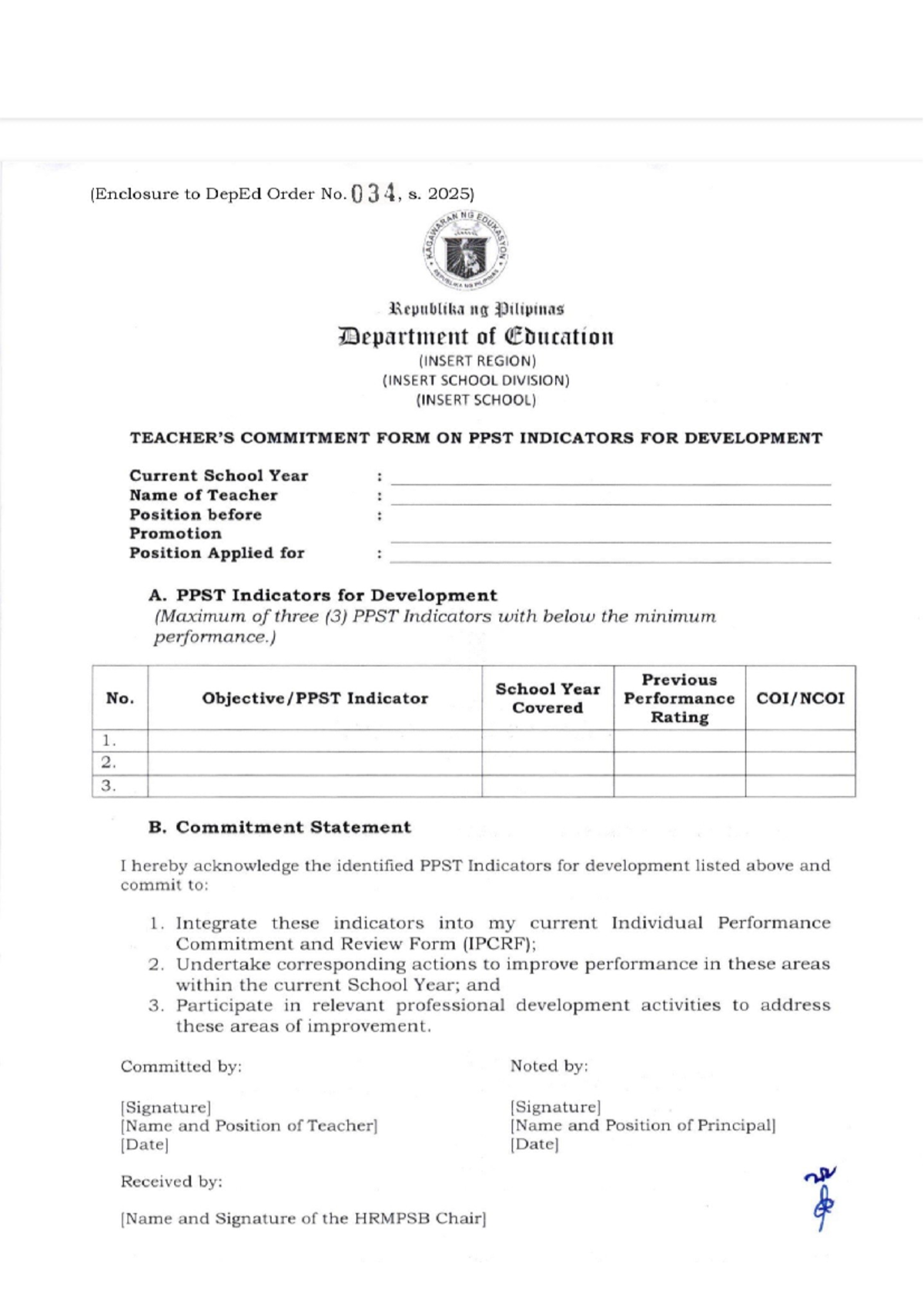 Teachers Commitment Form for PPST Indicators (SY 2025) - Studocu