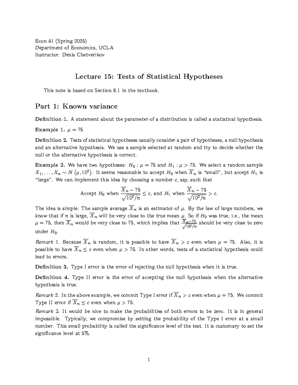 Econ 41 (Spring 2025) Lecture 15: Statistical Hypothesis Testing Notes ...