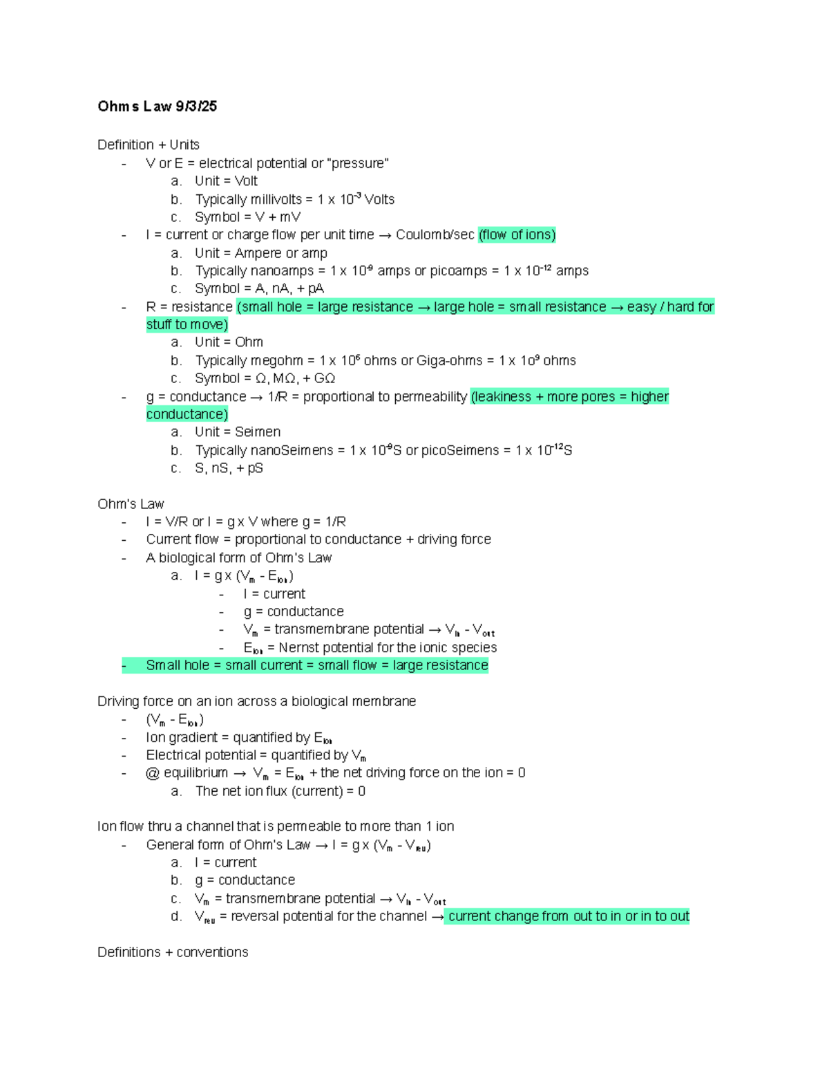 Ohm's Law & Ion Channel Conductance: Key Concepts Explained - Studocu