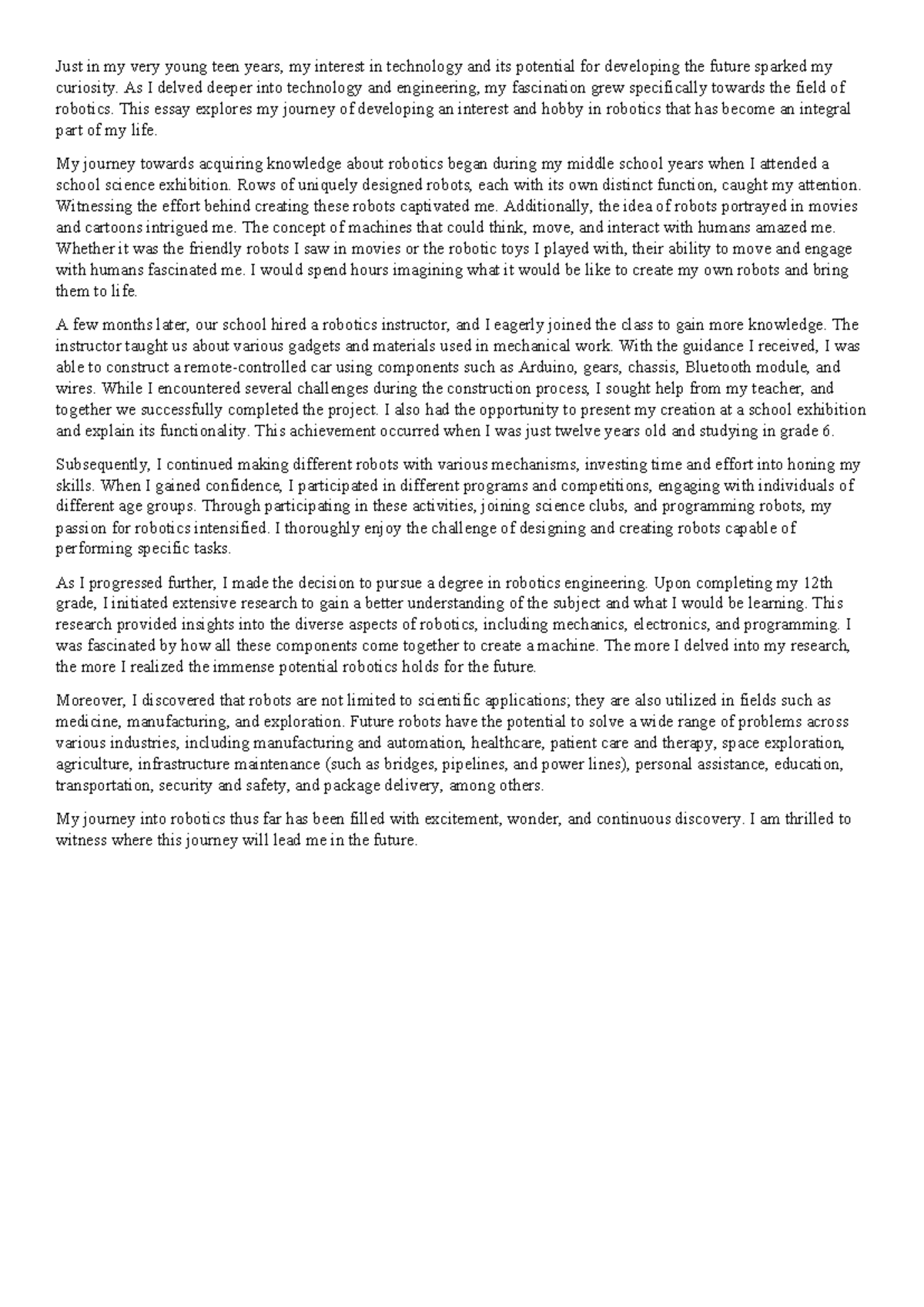 Essay on My Journey into Robotics - ENG101 - Studocu