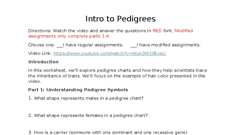 Pedigrees Worksheet: Understanding Inheritance Patterns - Studocu