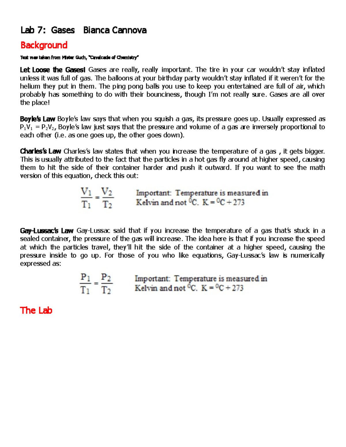 Lab 7: Inquiry Lab on Gases - Understanding Gas Properties and Laws ...
