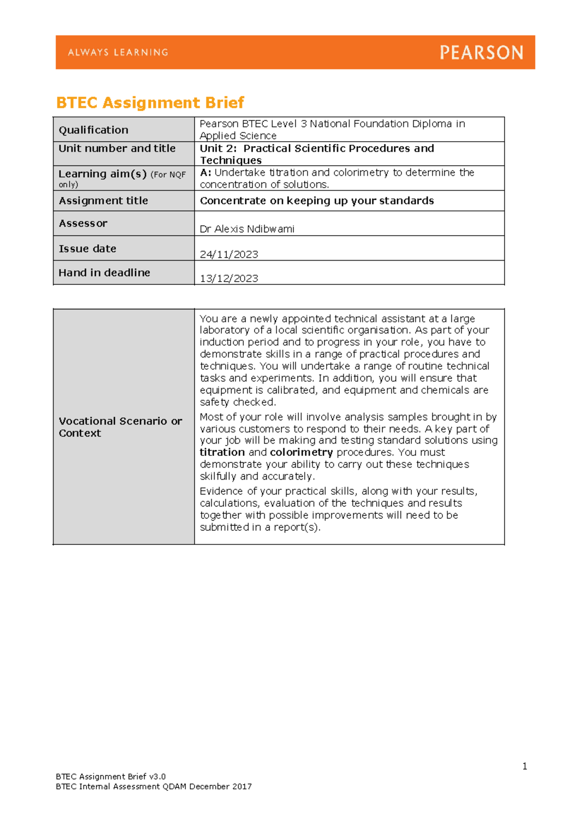 BTEC Level 3 Unit 2: Titration & Colorimetry Assignment 2.1 - Studocu