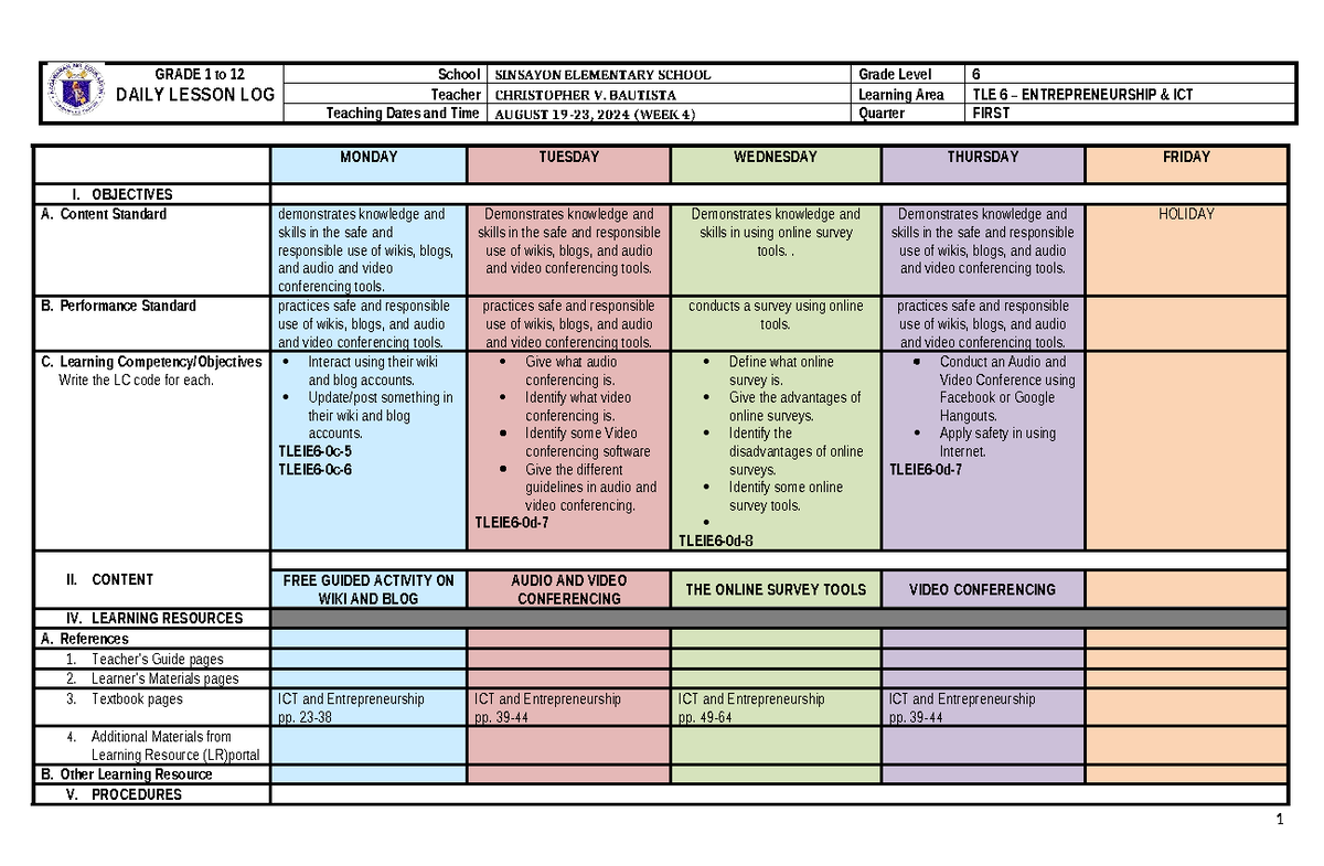 DLL TLE-ICT WEEK 4 - ENTREPRENEURSHIP & ICT Lesson Plan - Studocu