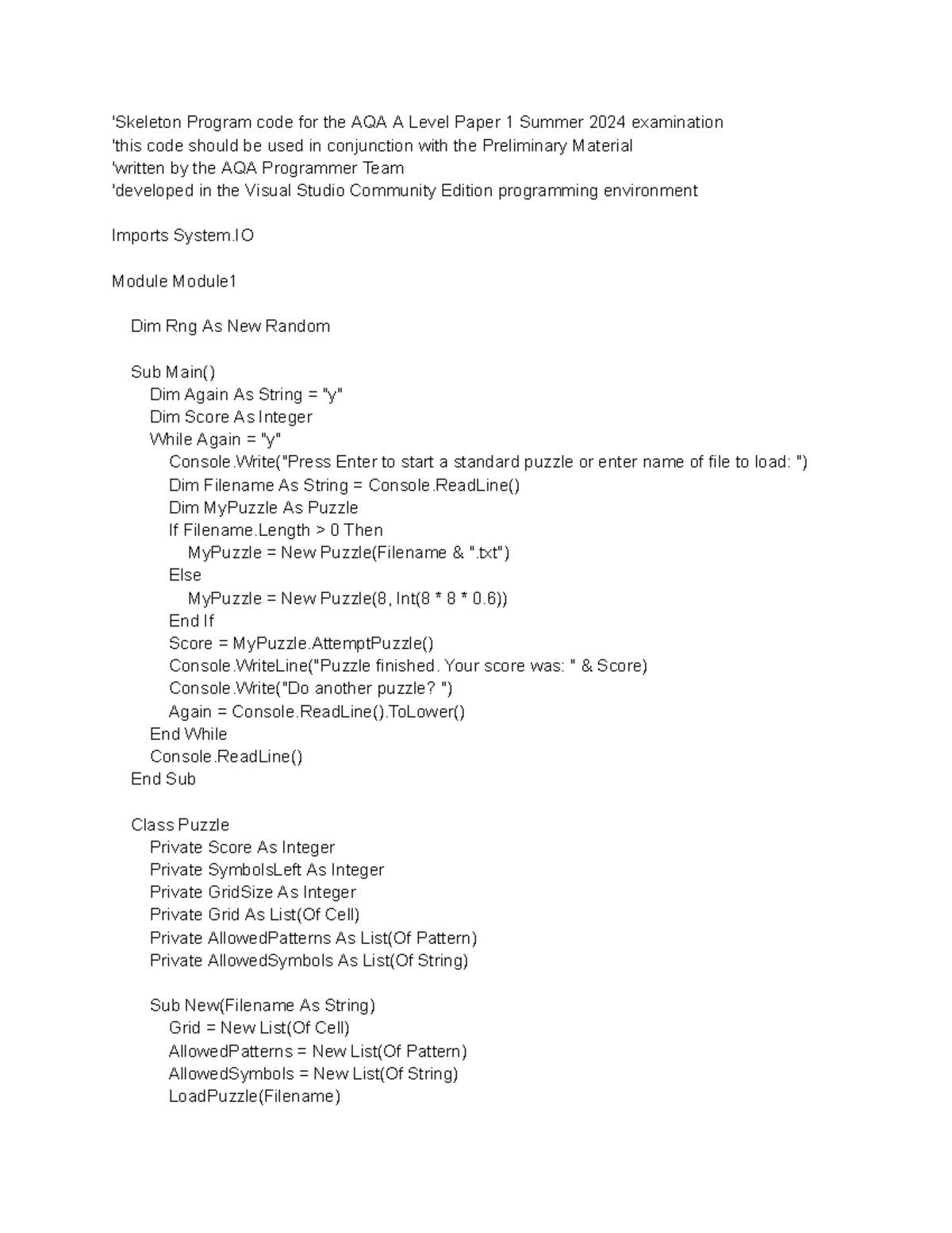 AQA A Level Paper 1 2024 Skeleton Program Code Guide - Studocu