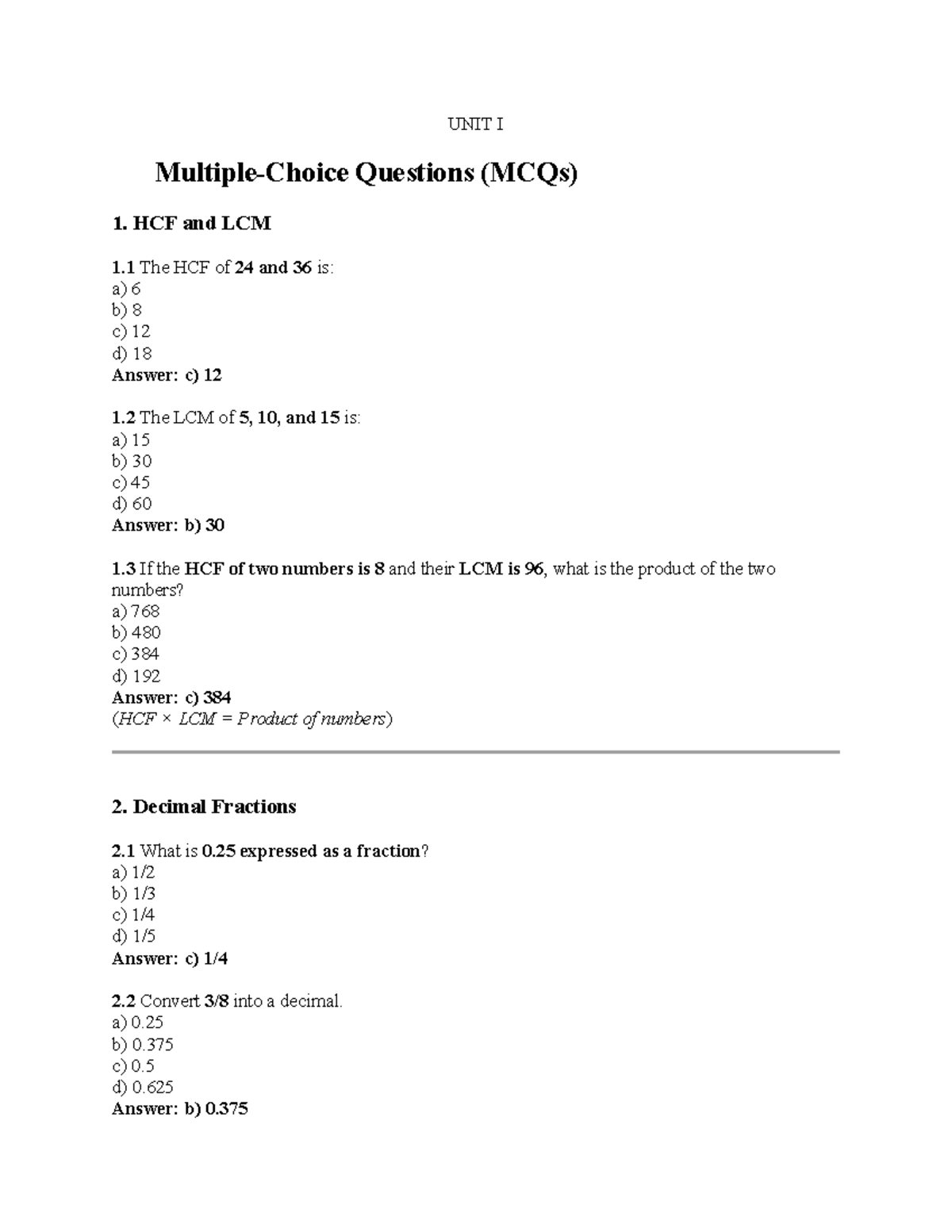 Quantitative Aptitude - Important Questions (MCQs & Concepts) - Studocu