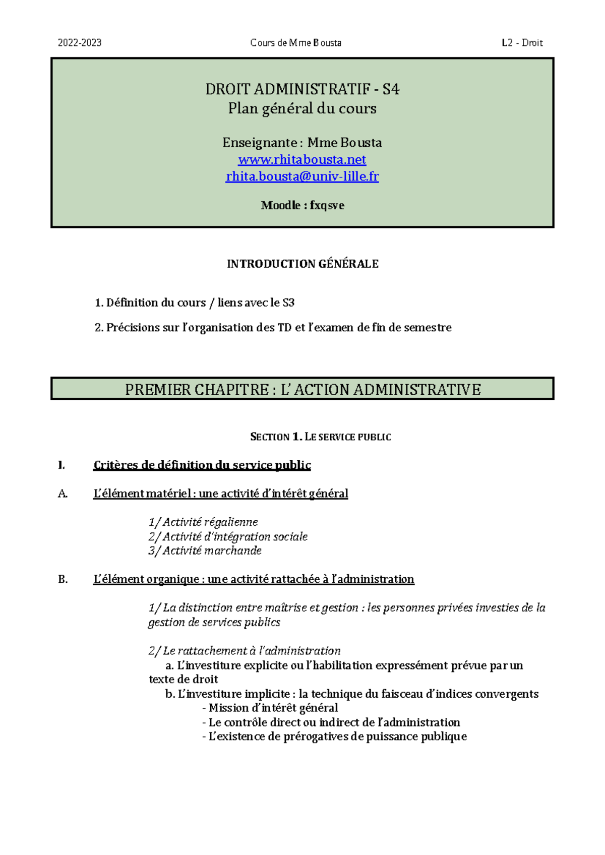 PLan détaillé DA Cours Bousta 2022-23 - DROIT ADMINISTRATIF - S Plan ...