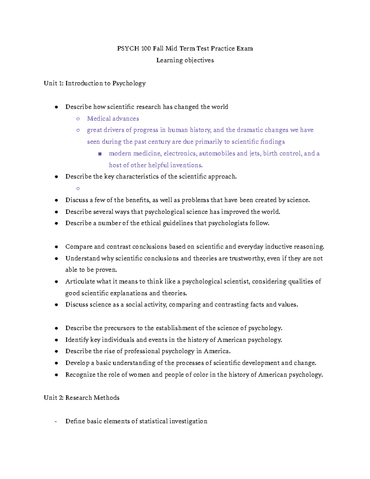 PSYC 100 Fall Midterm Test Study Guide and Practice Exam - Studocu