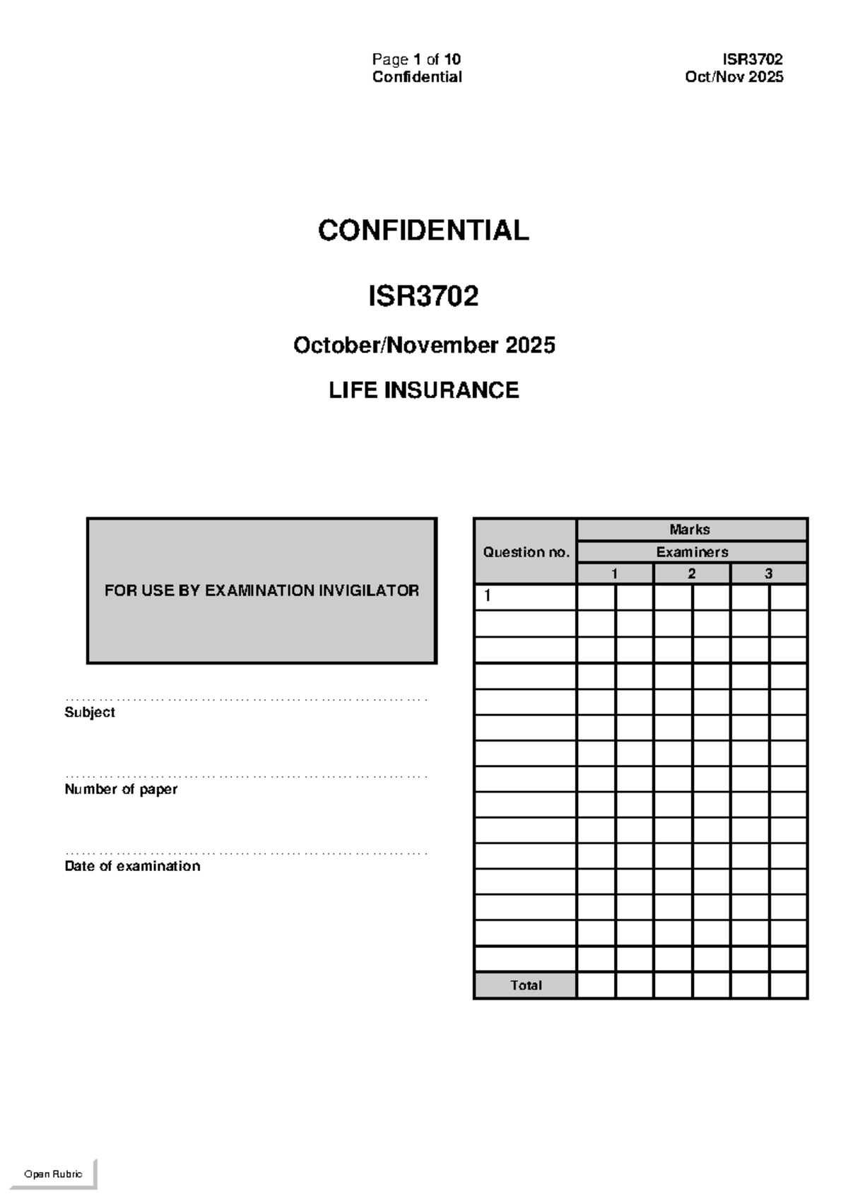 ISR3702 Life Insurance Exam Paper - October/December 2025 - Studocu