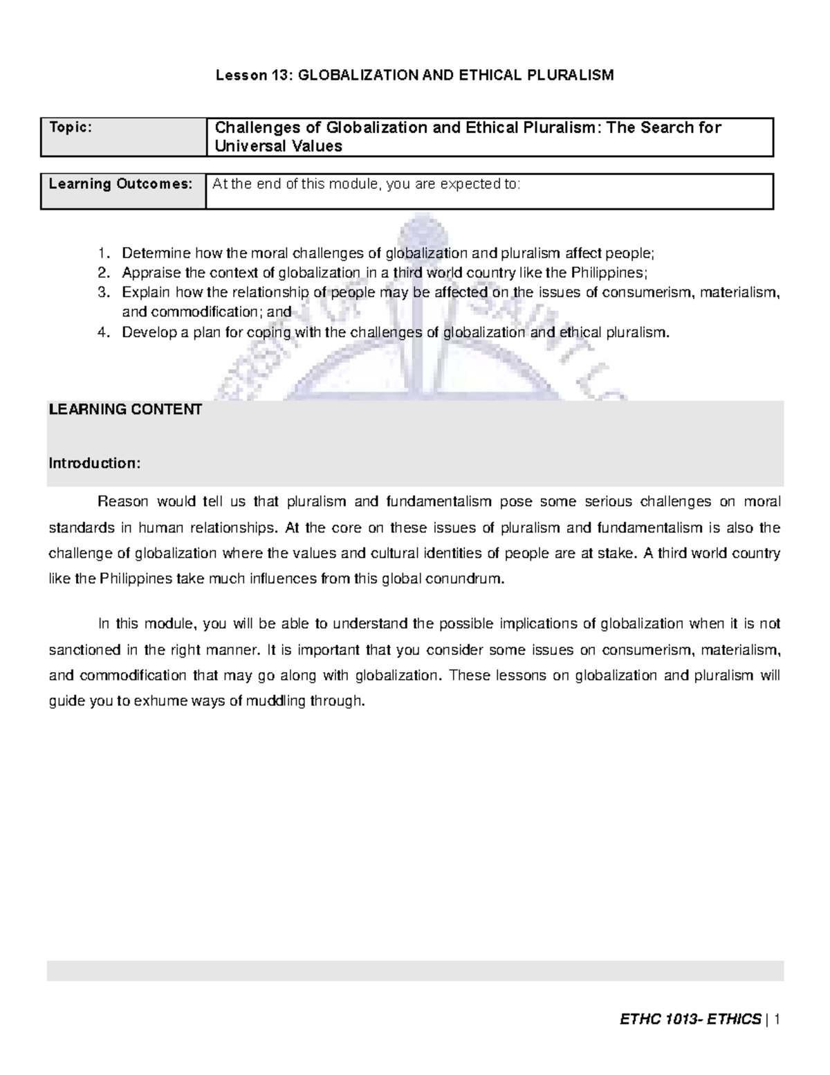 ETHC 1013 Lesson 13: Globalization and Ethical Pluralism Challenges ...