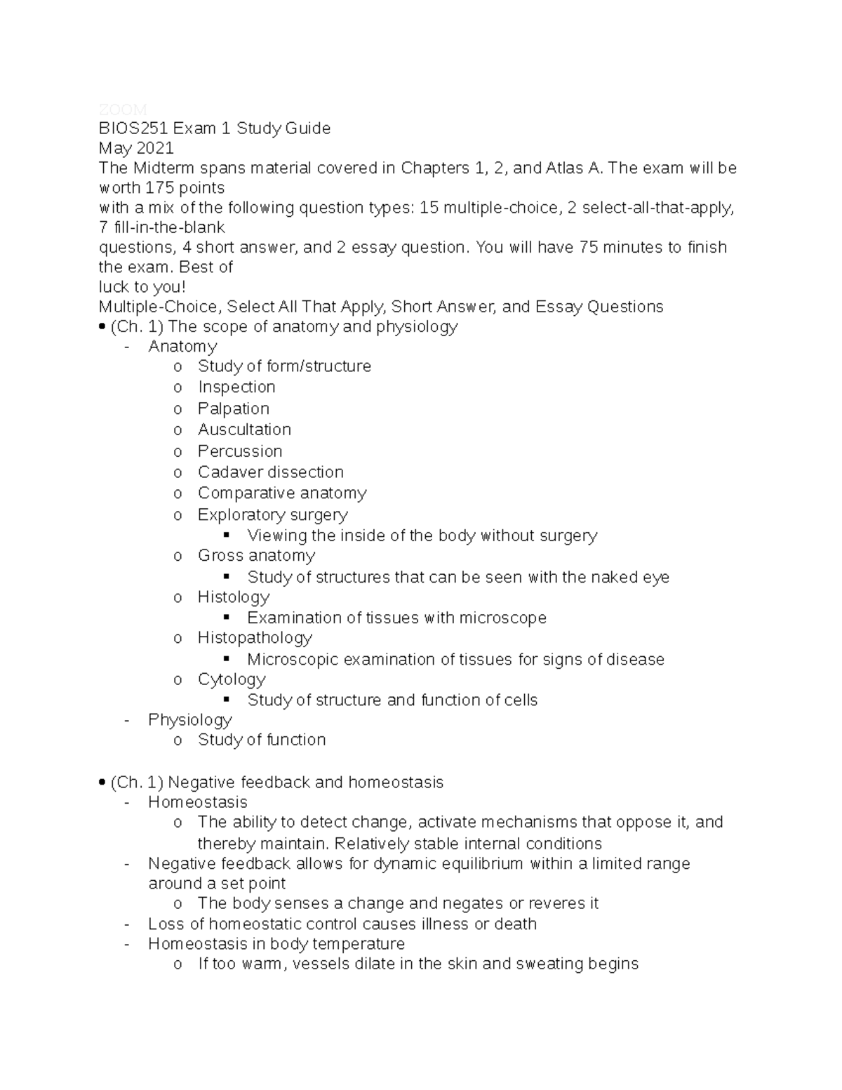 BIOS251 Midterm Exam 1 Study Guide for Weeks 1-2 (May 2021) - Studocu