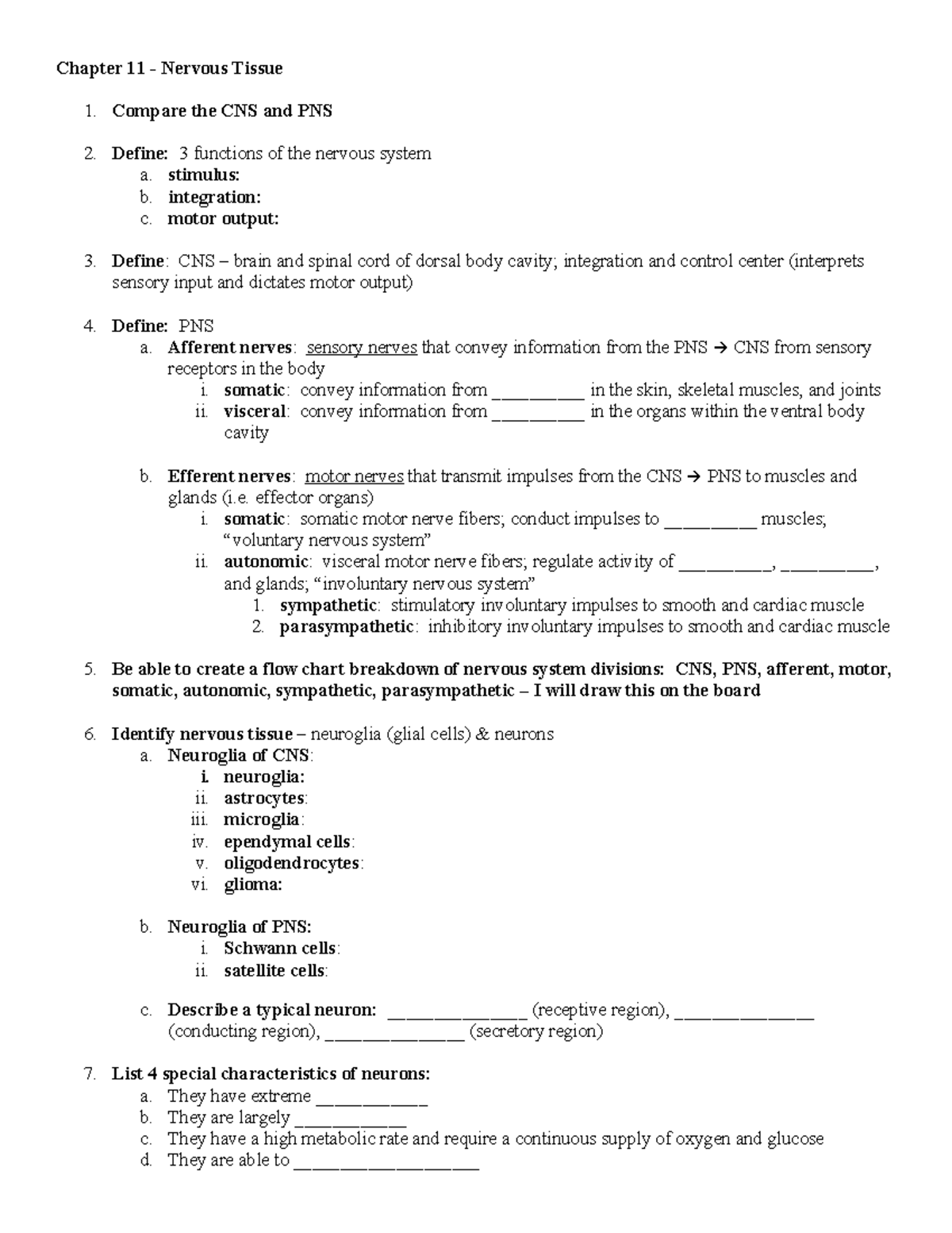 Nervous Tissue Overview: CNS & PNS - Chapter 11 Notes - Studocu