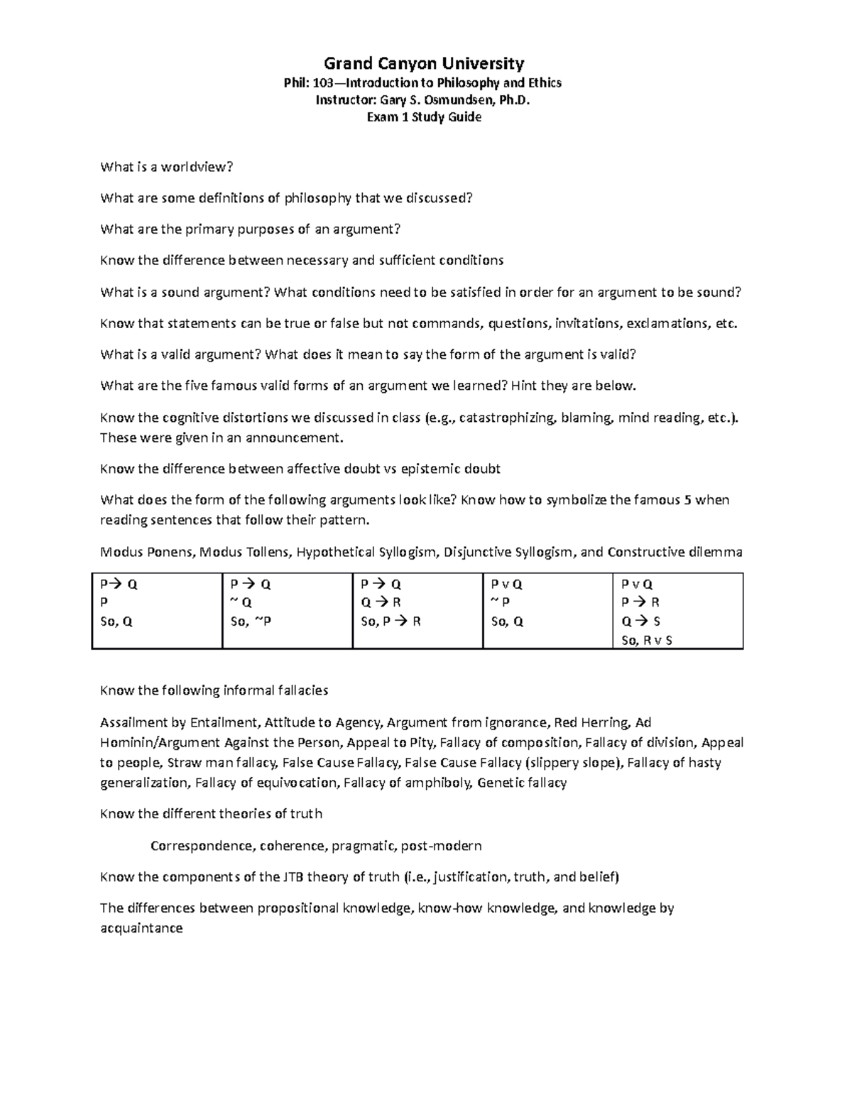 PHIL-103 Exam 1 Comprehensive Study Guide and Overview - Studocu