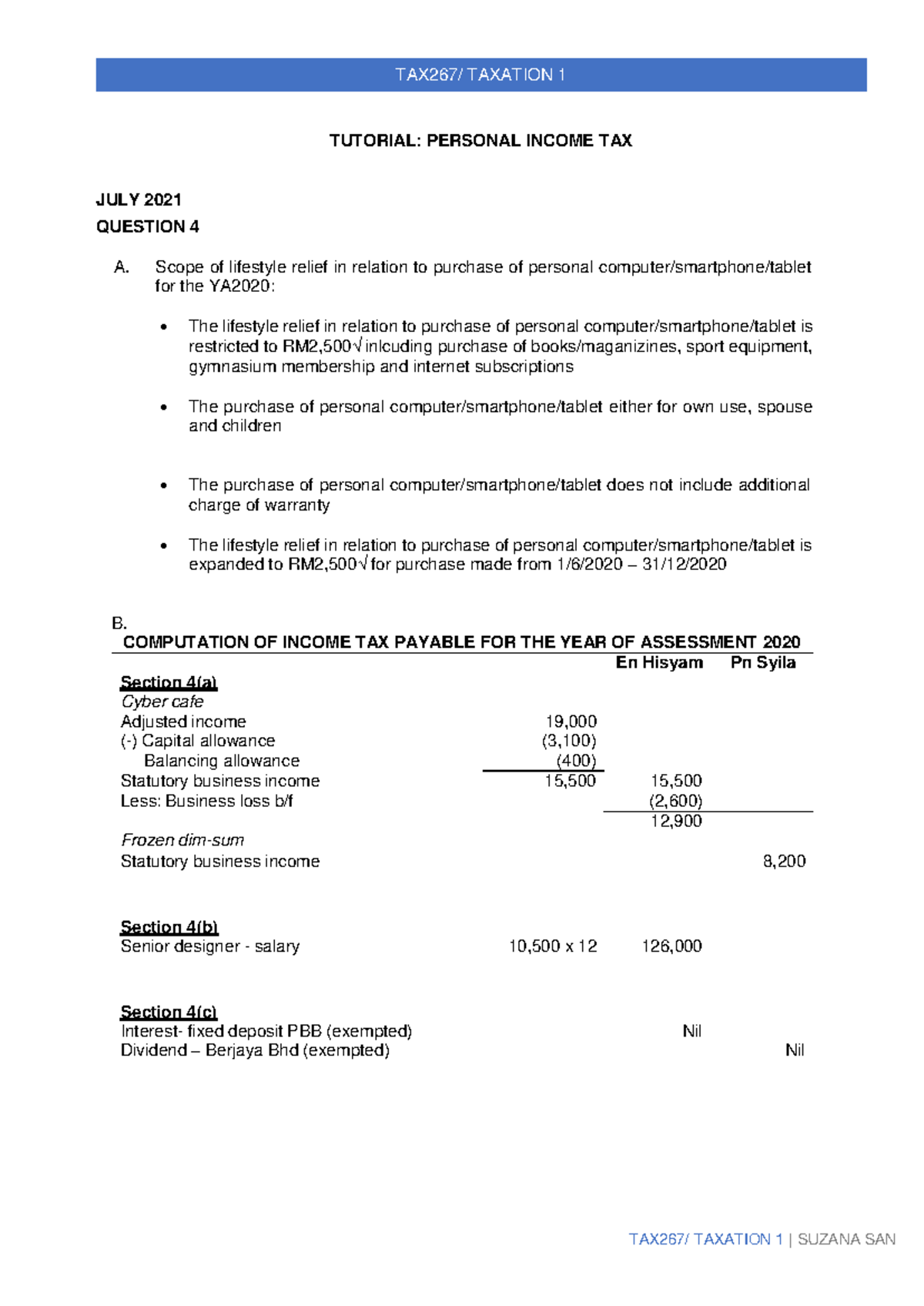 TAX267 - Tutorial Notes on Personal Income Tax Computation - Studocu