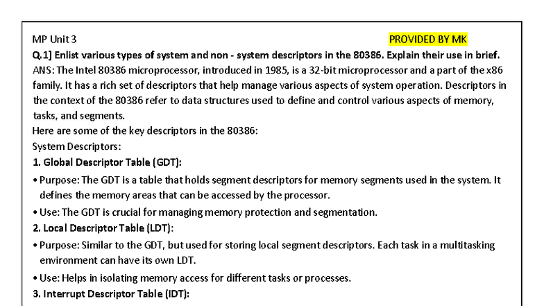 MP Unit 3: System and Non-System Descriptors in 80386 Architecture - Studocu